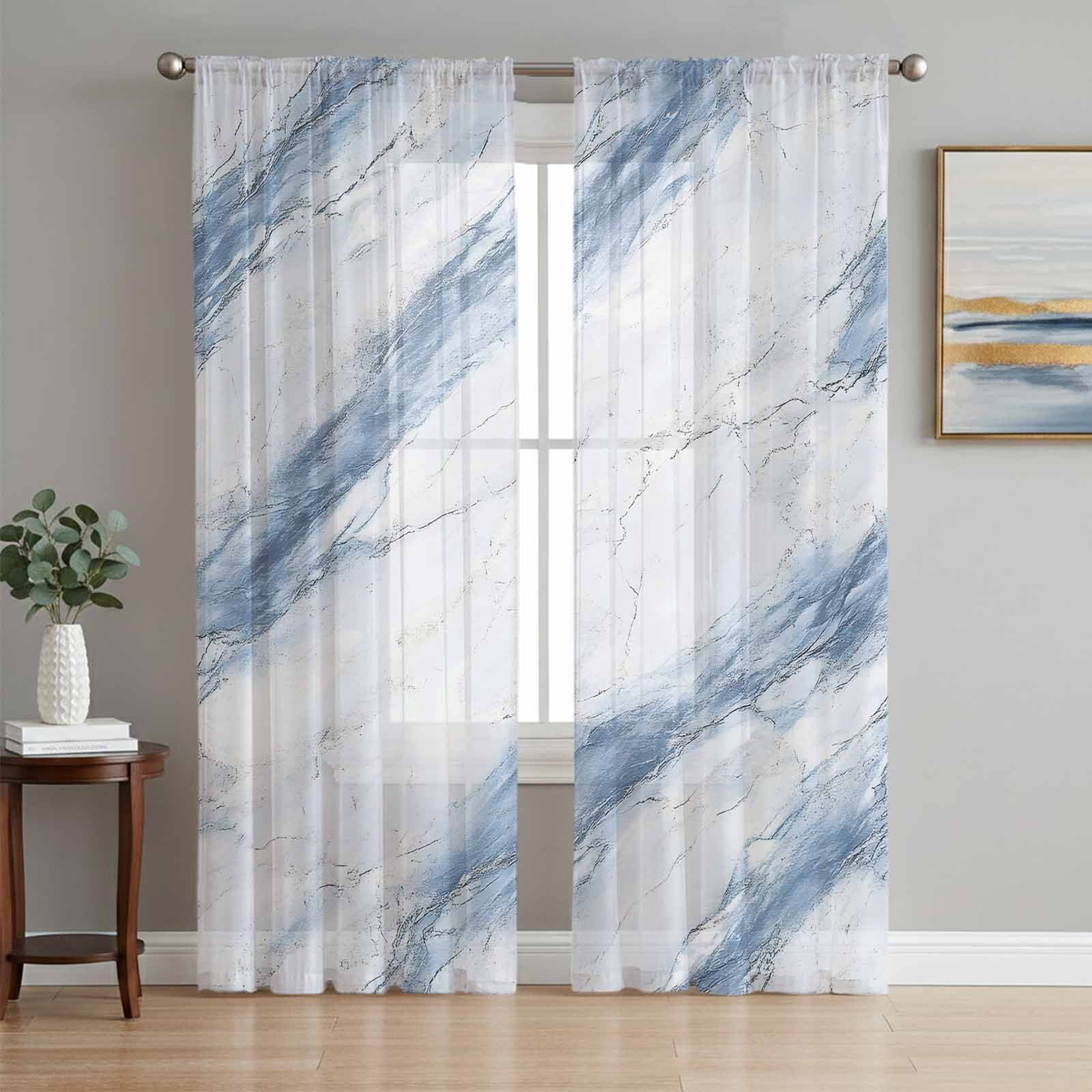 Blue Grey Marble Sheer Curtains 63 Inch Length 2 Panels Set, Vintage ...