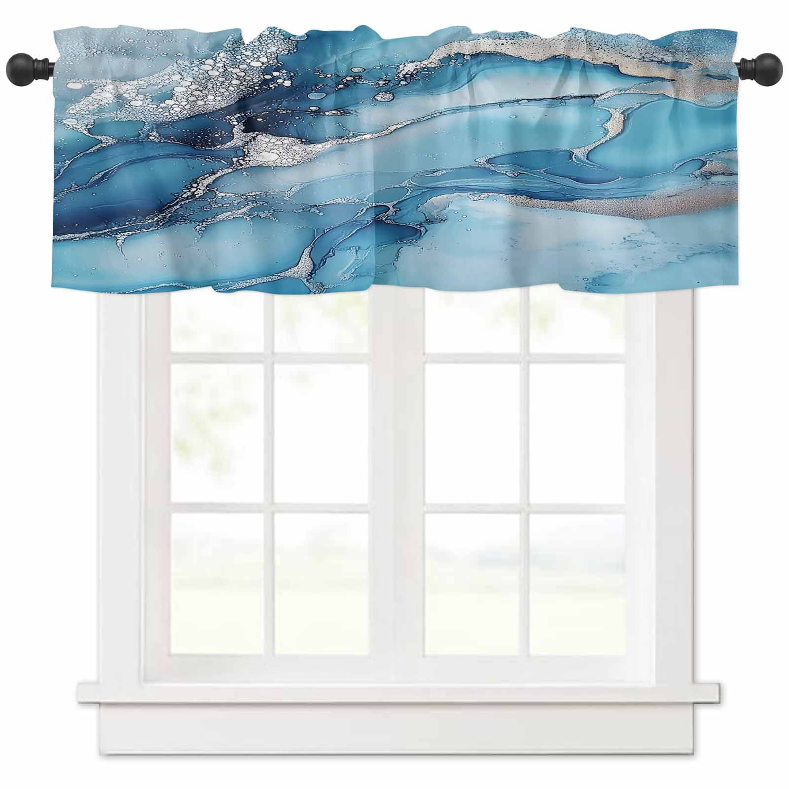 Blue Grey Marble Valances for Windows Farmhouse Kitchen Curtains ...