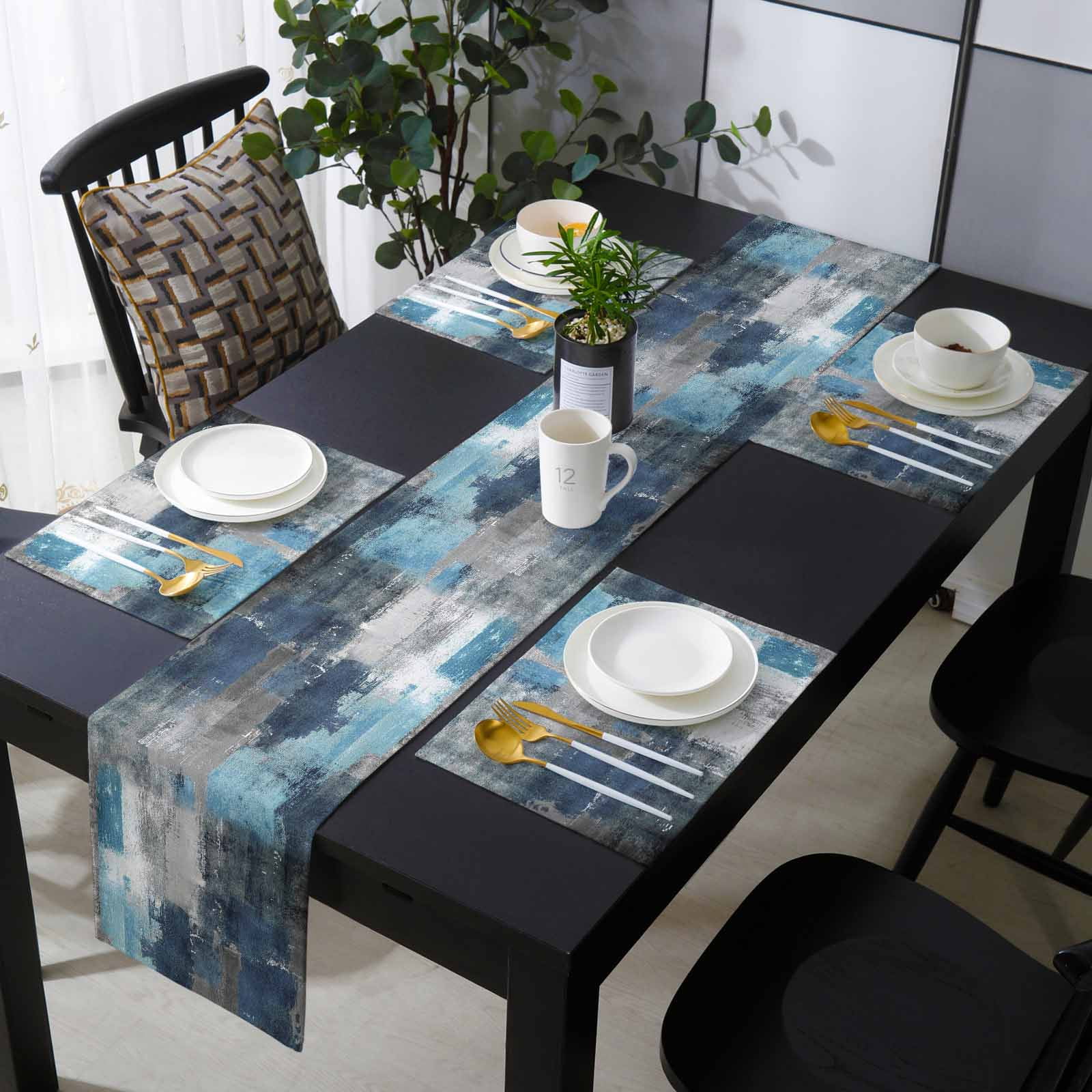 Blue Grey Modern Placemats Set of 6 with 70 Inches Long Table Runners ...