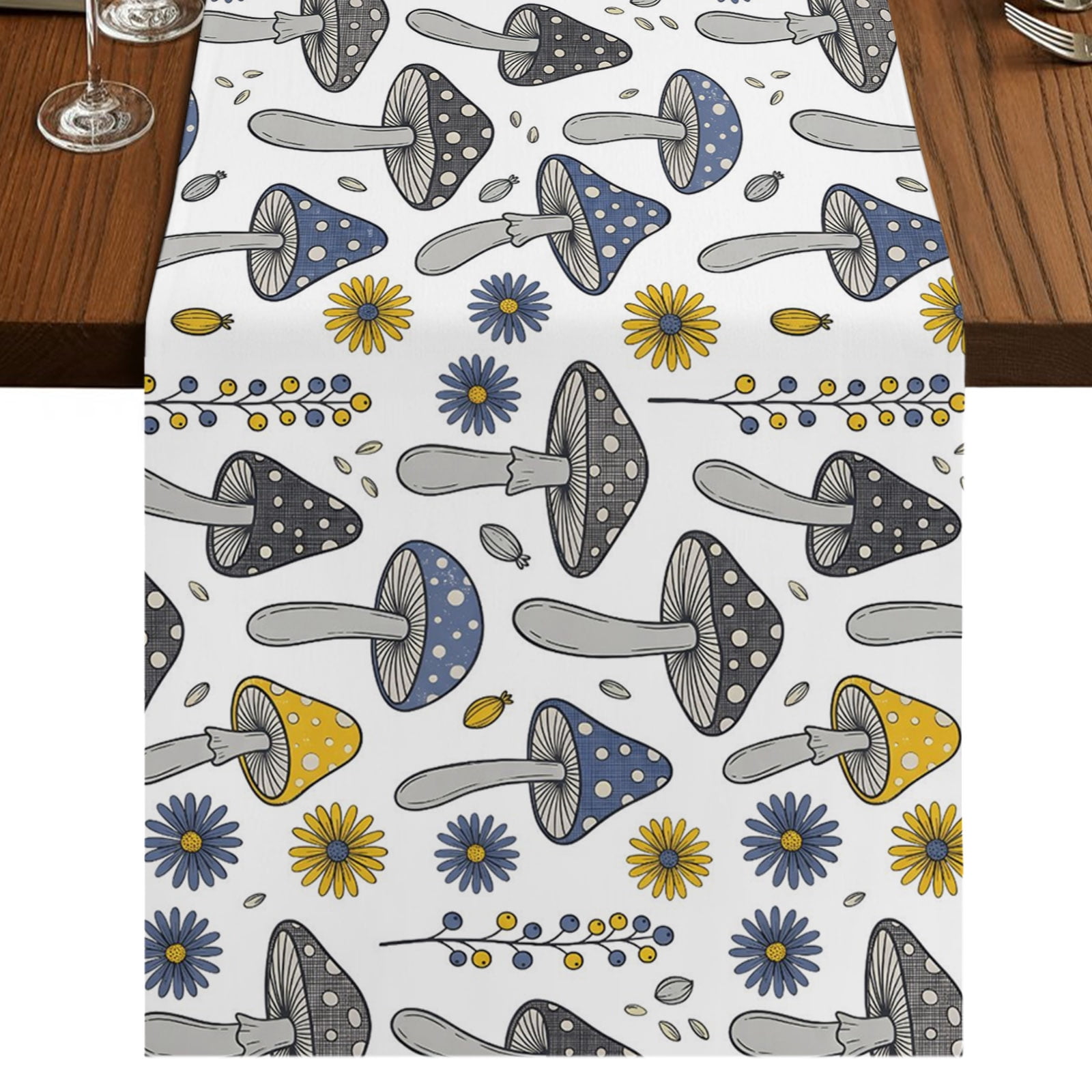 Blue Grey Mushroom Burlap Cotton Table Runner 13x36 Inches Short, Daisy ...