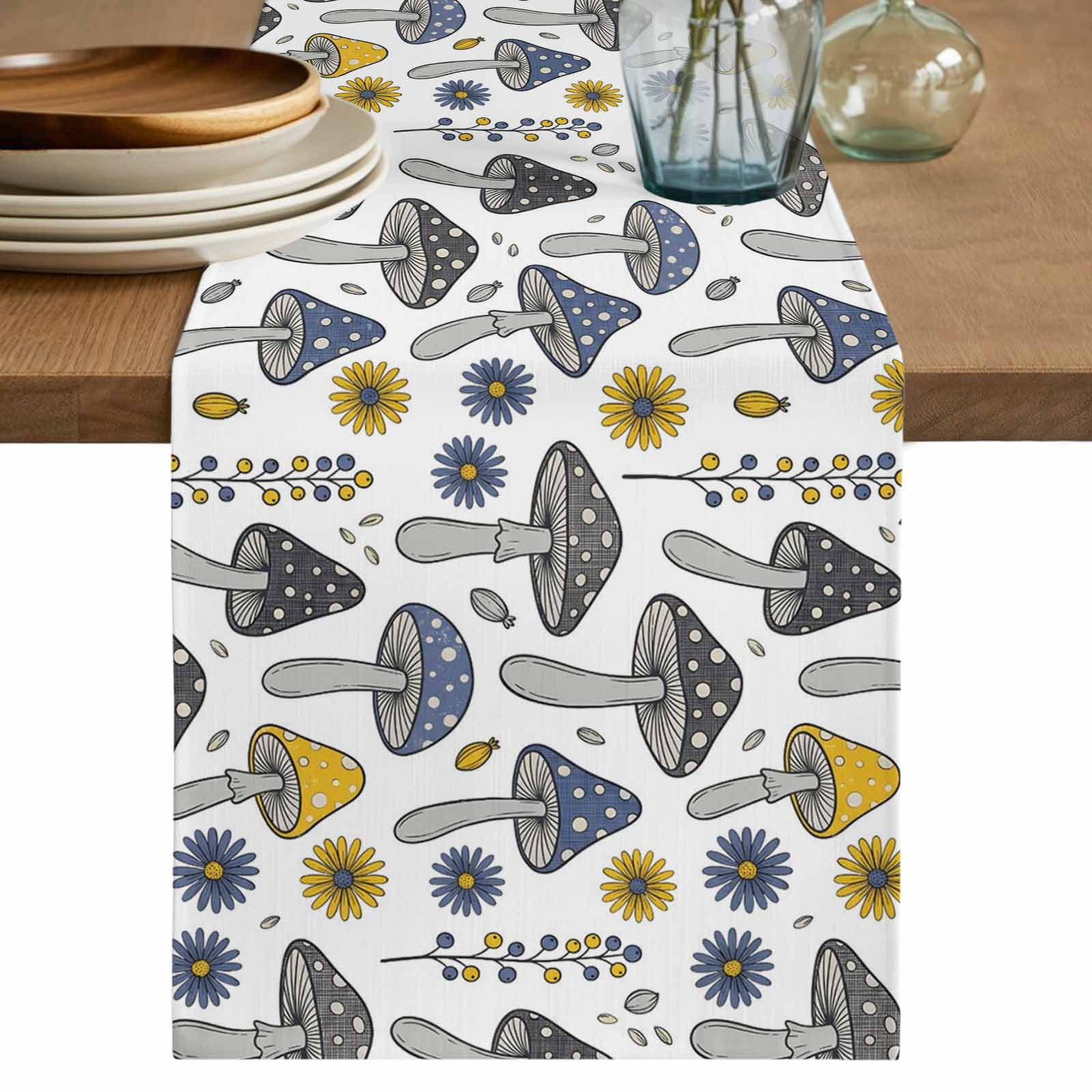 Blue Grey Mushroom Table Runner 108 Inches Long,Daisy Floral Botanical ...
