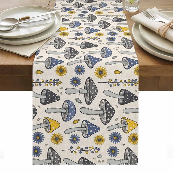 Blue Grey Mushroom Table Runner Farmhouse Botanical Daisy Flowers ...