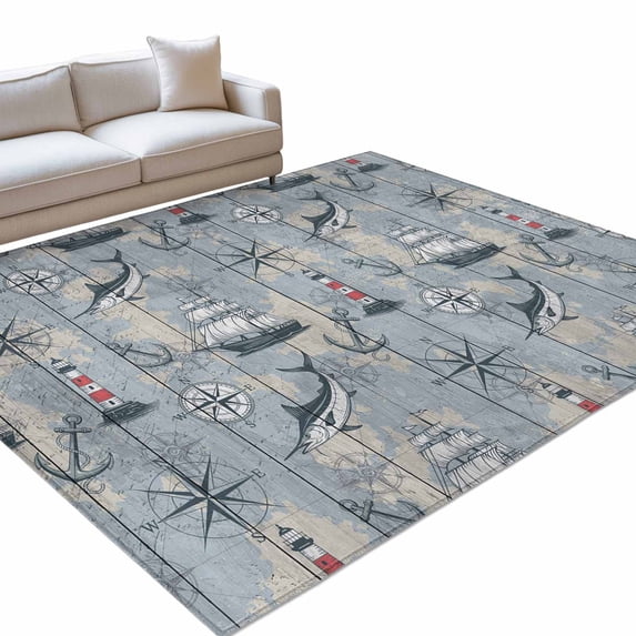 Blue Grey Nautical 2.7x5ft Non Slip Area Rug Vintage Boats Seaports ...