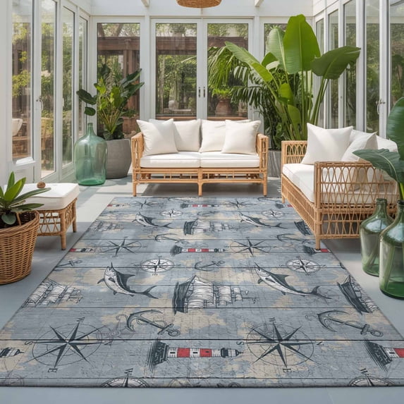 Blue Grey Nautical 4'x6' Area Rugs Vintage Boats Seaports Maps Fish ...