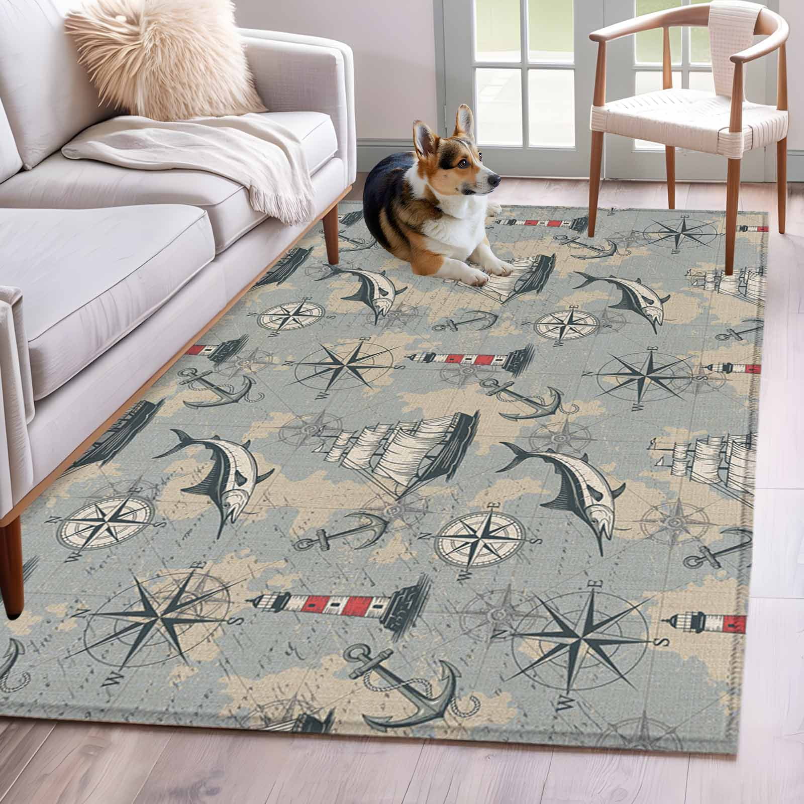 Blue Grey Nautical Area Rugs 3x5 ft Vintage Boats Seaports Maps Fish ...