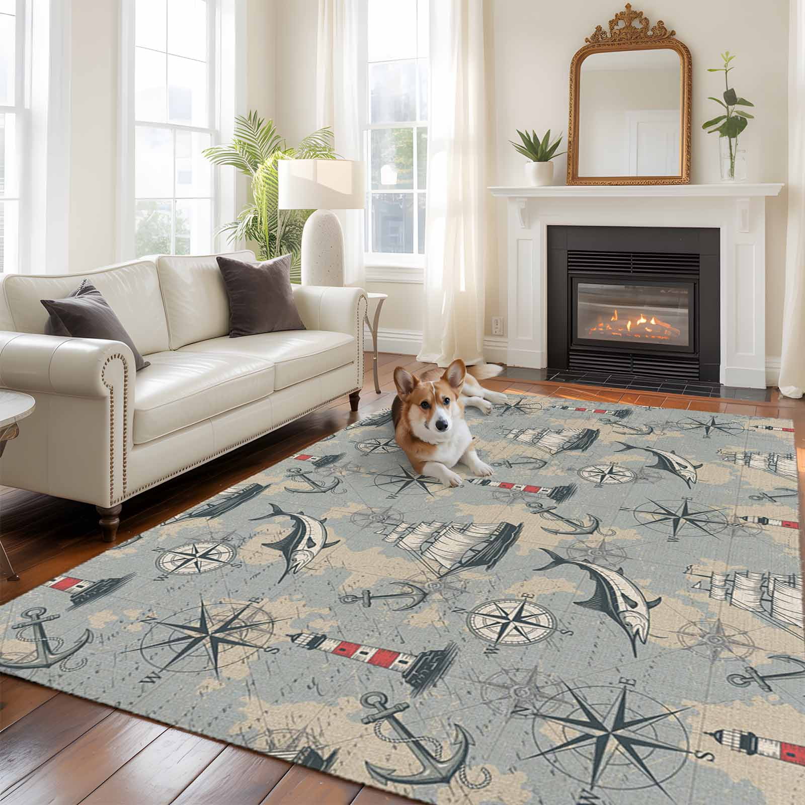Blue Grey Nautical Area Rugs 5x7 ft Vintage Boats Seaports Maps Fish ...