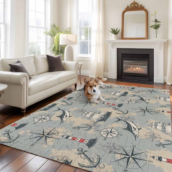 Blue Grey Nautical Area Rugs 5x7 ft Vintage Boats Seaports Maps Fish ...