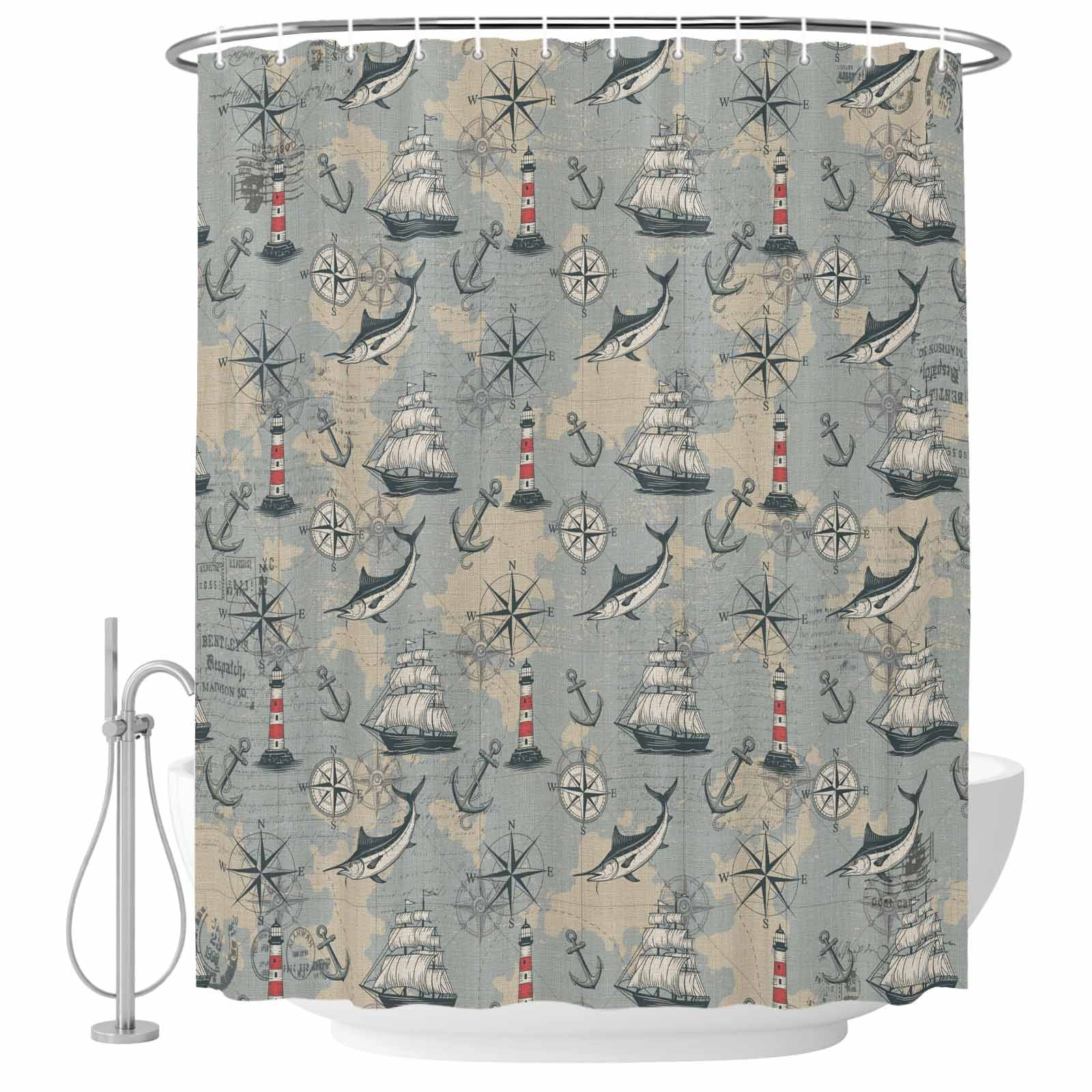 Blue Grey Nautical Bathroom Shower Curtains with Hooks, Vintage Boats ...