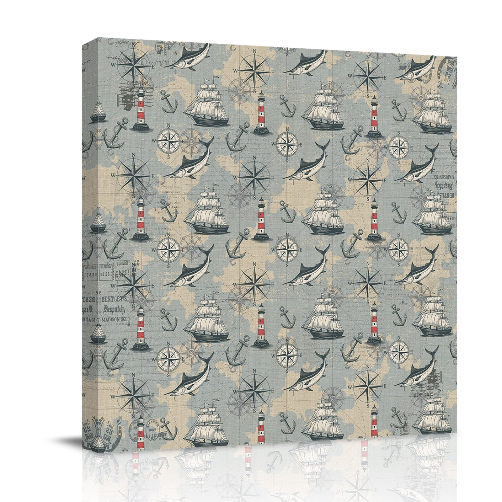 Blue Grey Nautical Canvas Wall Art for Living Room, Vintage Boats ...