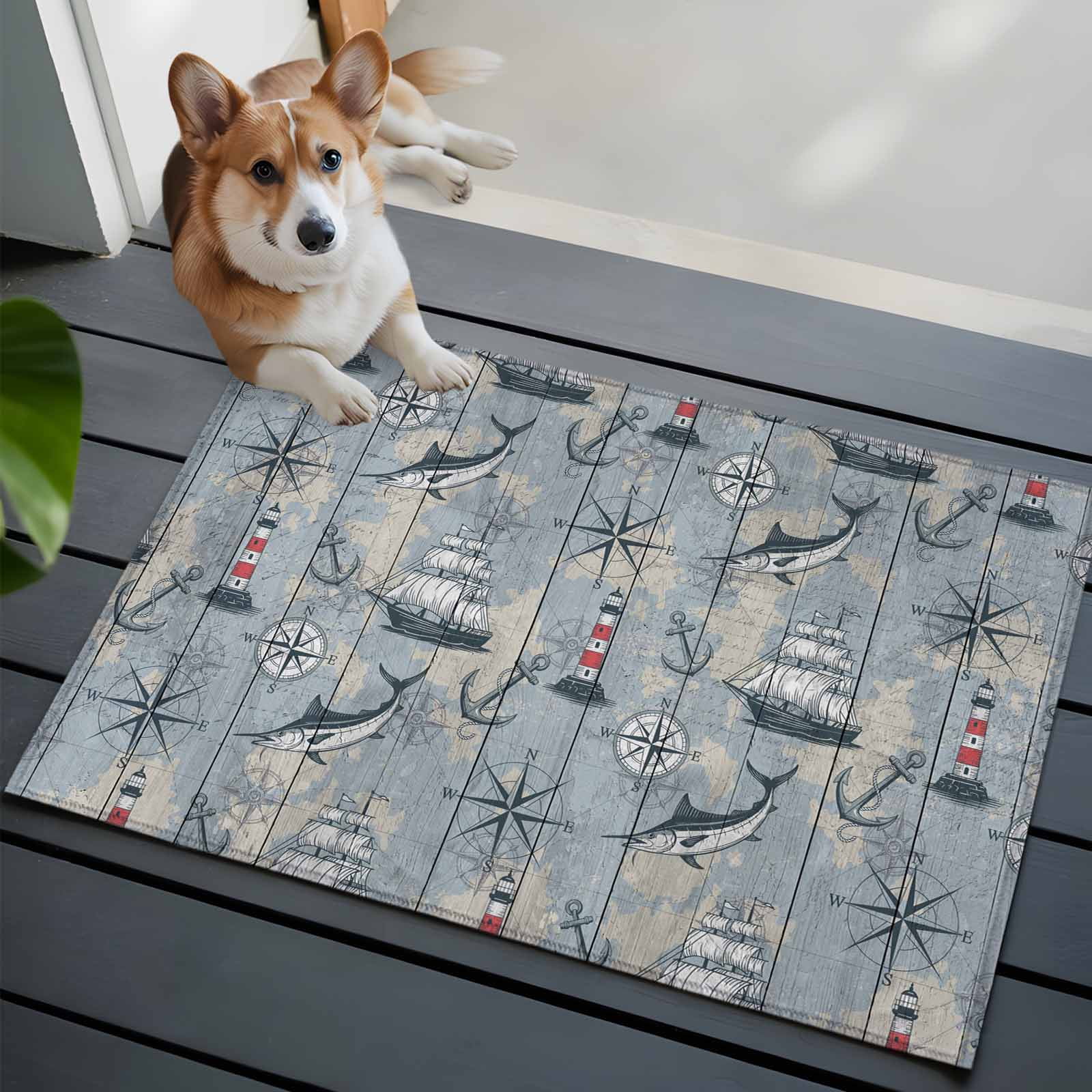 Blue Grey Nautical Front Door Rugs 2x3 ft Vintage Boats Seaports Maps ...