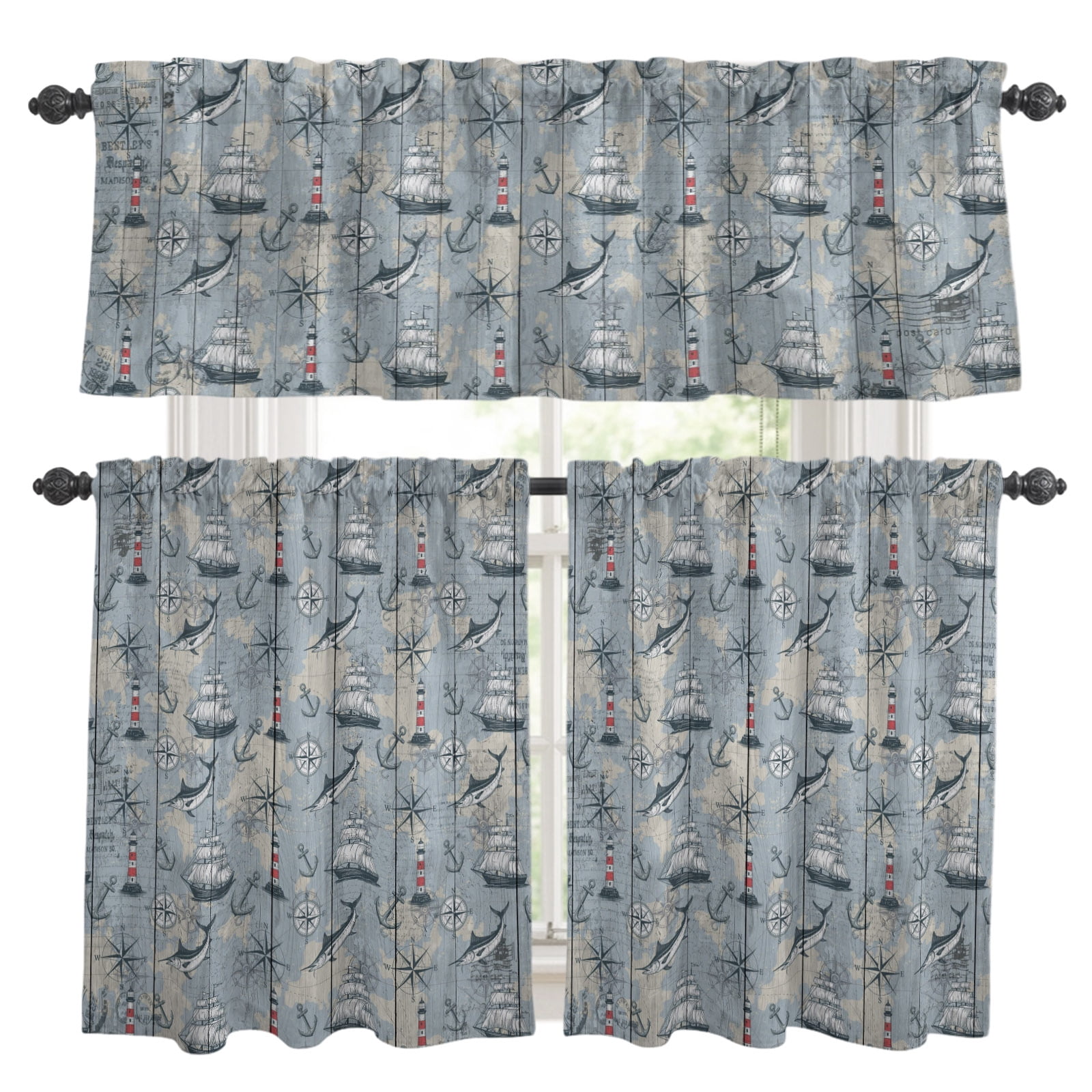 Blue Grey Nautical Kitchen Curtains Set for Windows, Vintage Boats ...