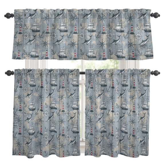 Blue Grey Nautical Kitchen Curtains Set for Windows, Vintage Boats ...