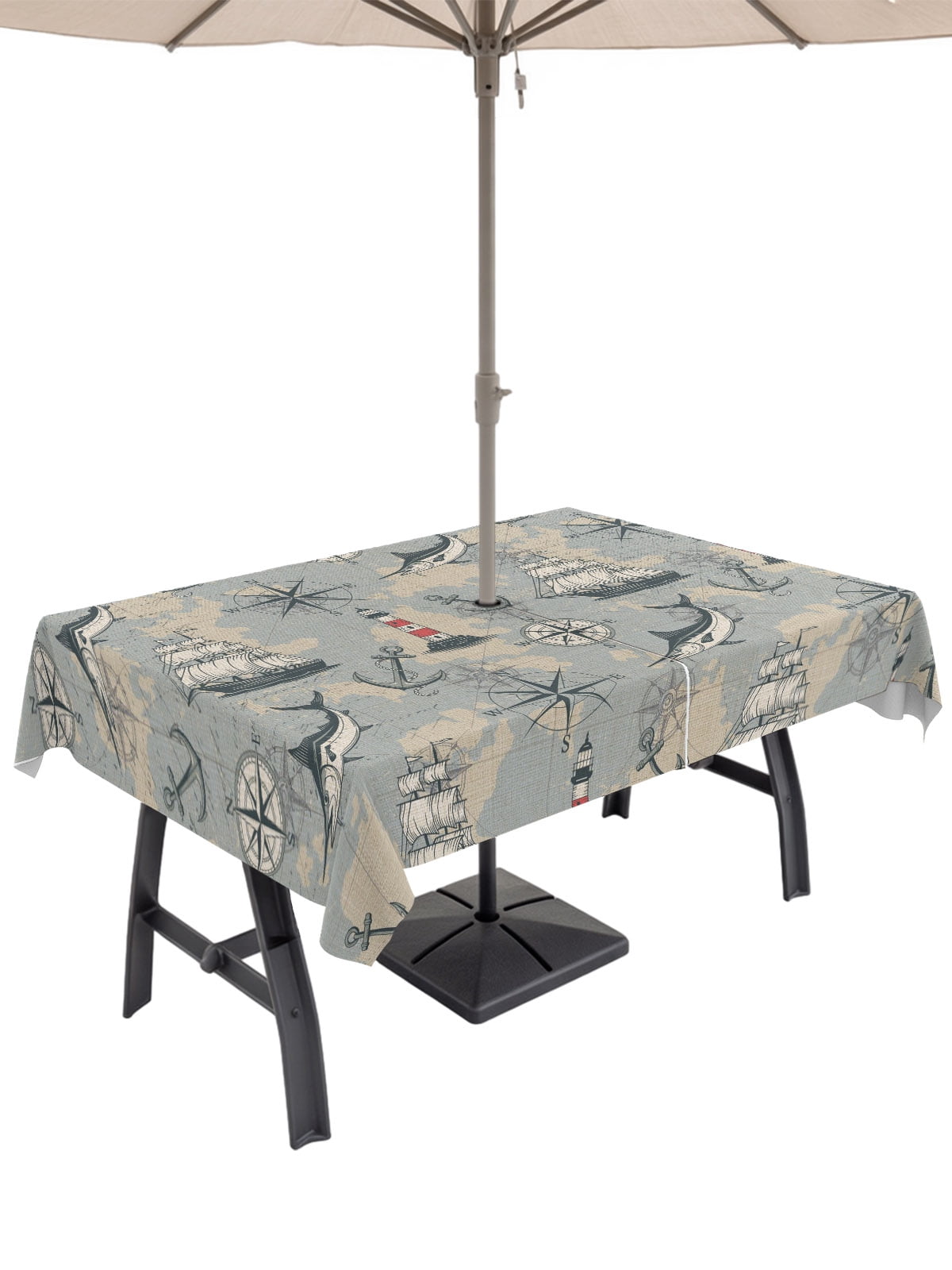 Blue Grey Nautical Rectangle Outdoor Tablecloth with Umbrella Hole ...