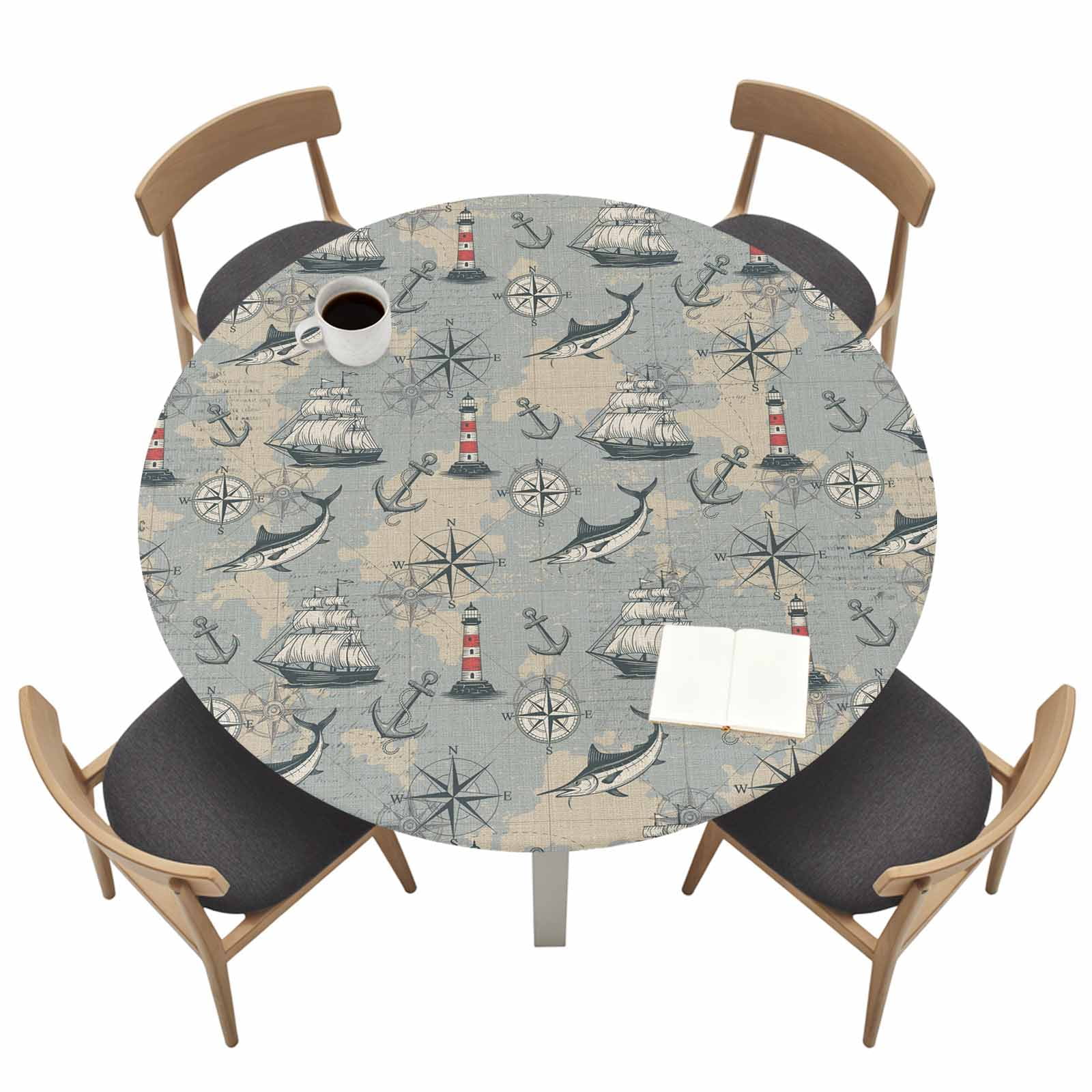 Blue Grey Nautical Round Fitted Tablecloth with Elastic Edge Vintage ...
