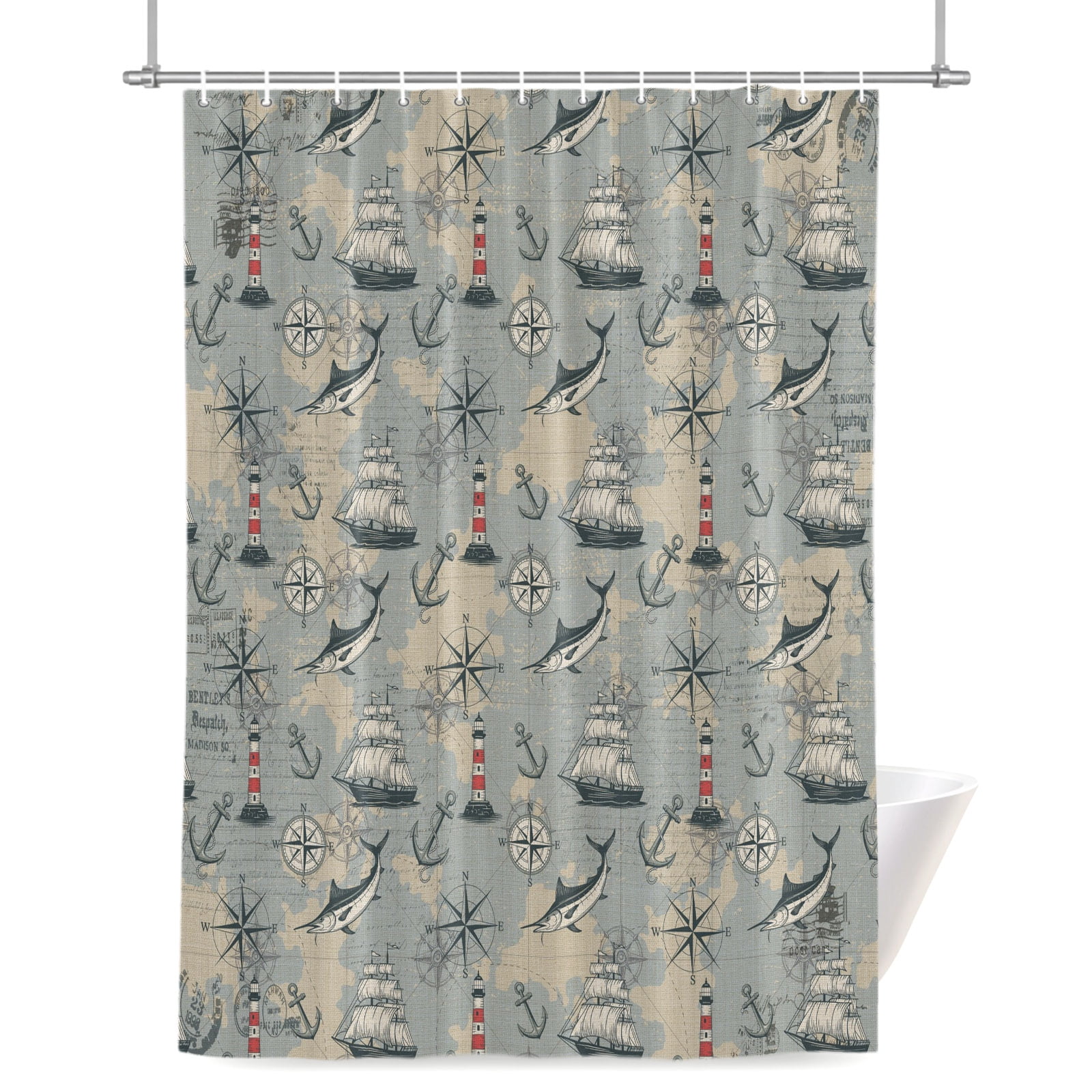 Blue Grey Nautical Shower Curtains for Bathroom, Vintage Boats Seaports ...