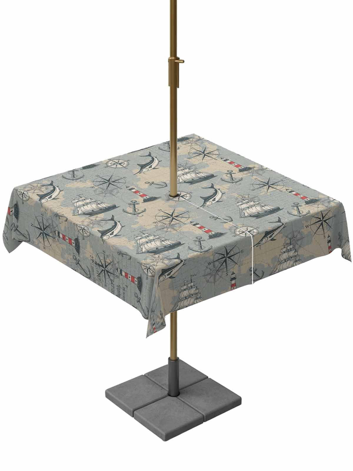Blue Grey Nautical Square Outdoor Tablecloth with Umbrella Hole Vintage ...