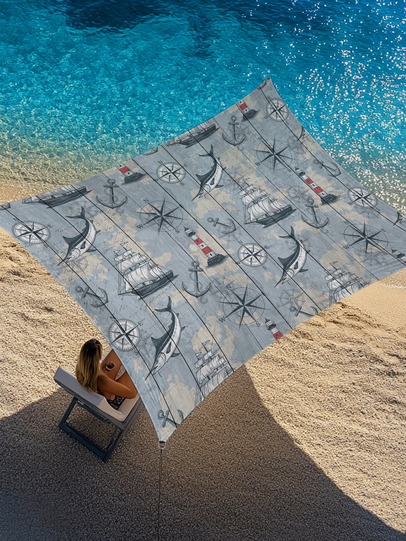 Blue Grey Nautical Sun Shade Sail 8' x 10', Vintage Boats Seaports Maps ...