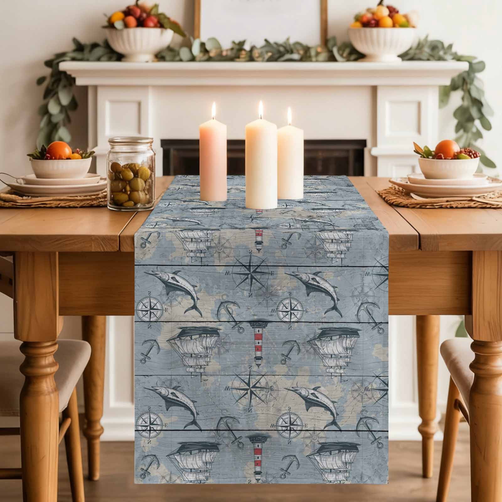 Blue Grey Nautical Table Runner, Vintage Boats Seaports Maps Fish Wood ...