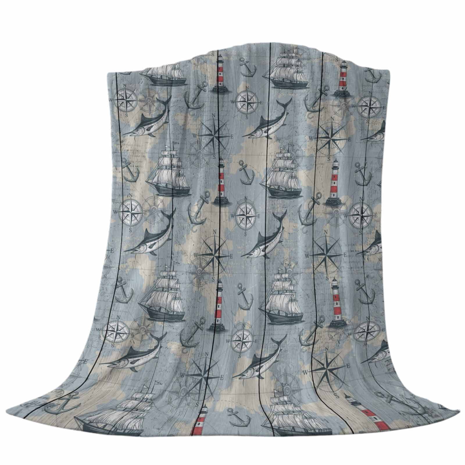 Blue Grey Nautical Throw Flannel Blanket Vintage Boats Seaports Maps ...
