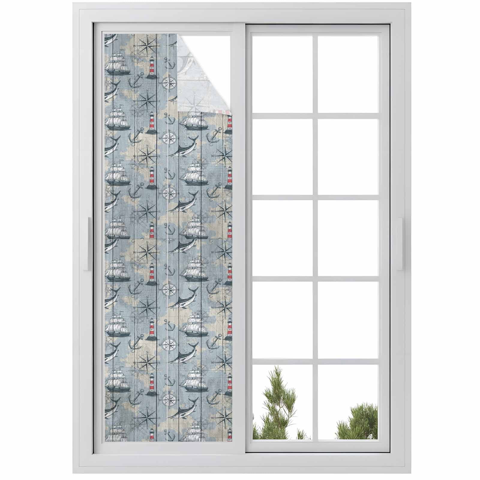 Blue Grey Nautical Window Privacy Film, Vintage Boats Seaports Maps ...