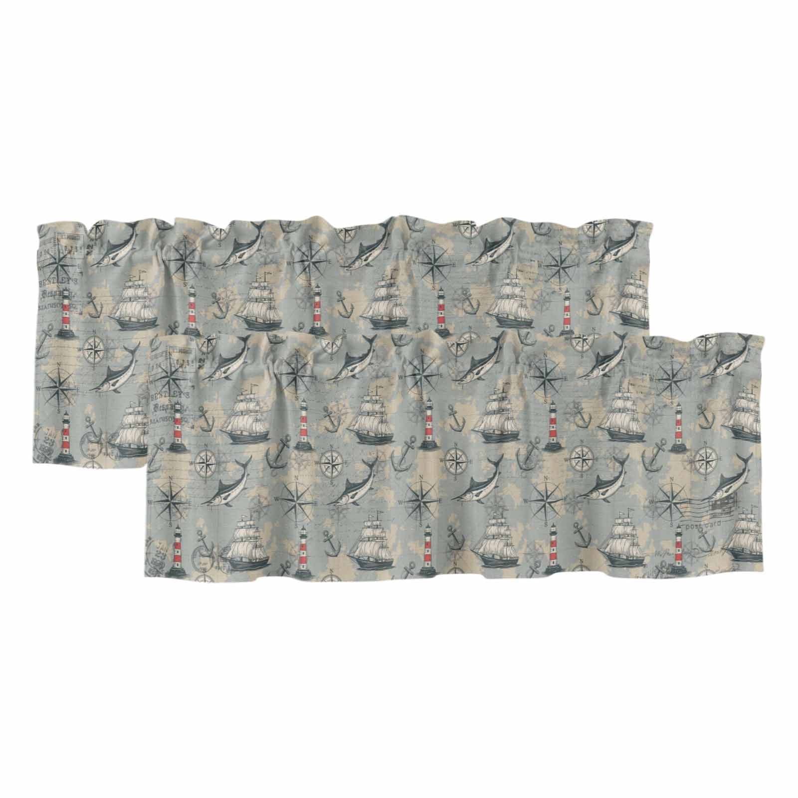 Blue Grey Nautical Window Valance, Vintage Boats Seaports Maps Fish ...