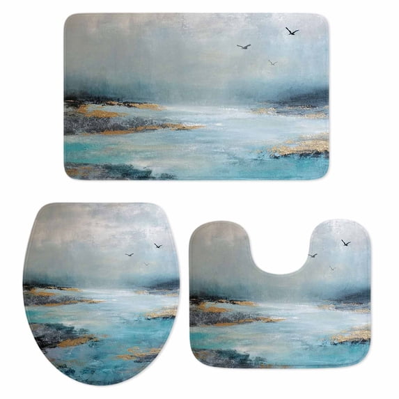 Blue Grey Ocean Painting Bathroom Rugs Set Modern Abstract Beach Waves ...