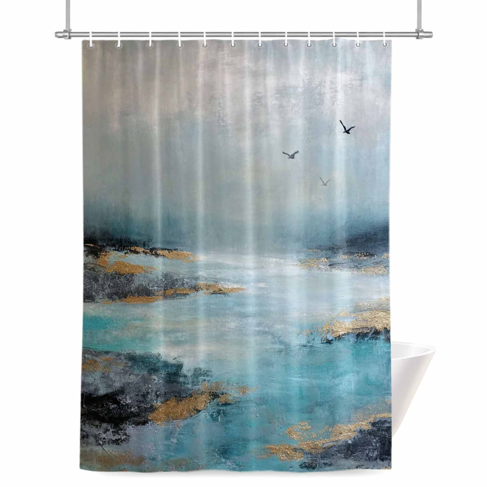 Blue Grey Ocean Painting Shower Curtains for Bathroom, Modern Abstract ...