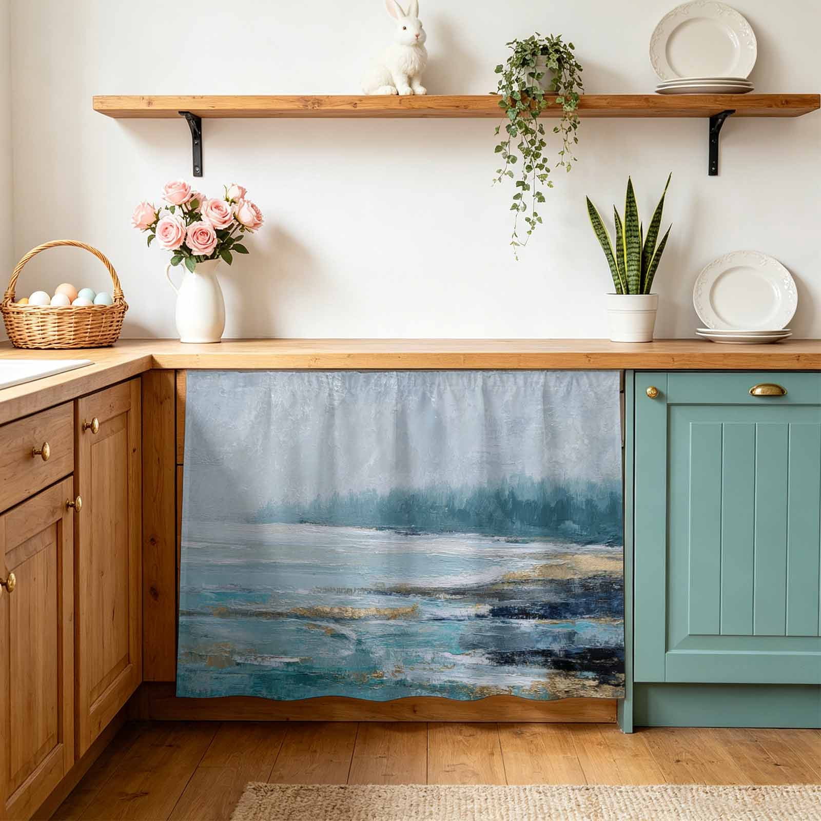 Blue Grey Oil Painting Cabinet Curtains 28" W x 35" L Modern Abstract ...