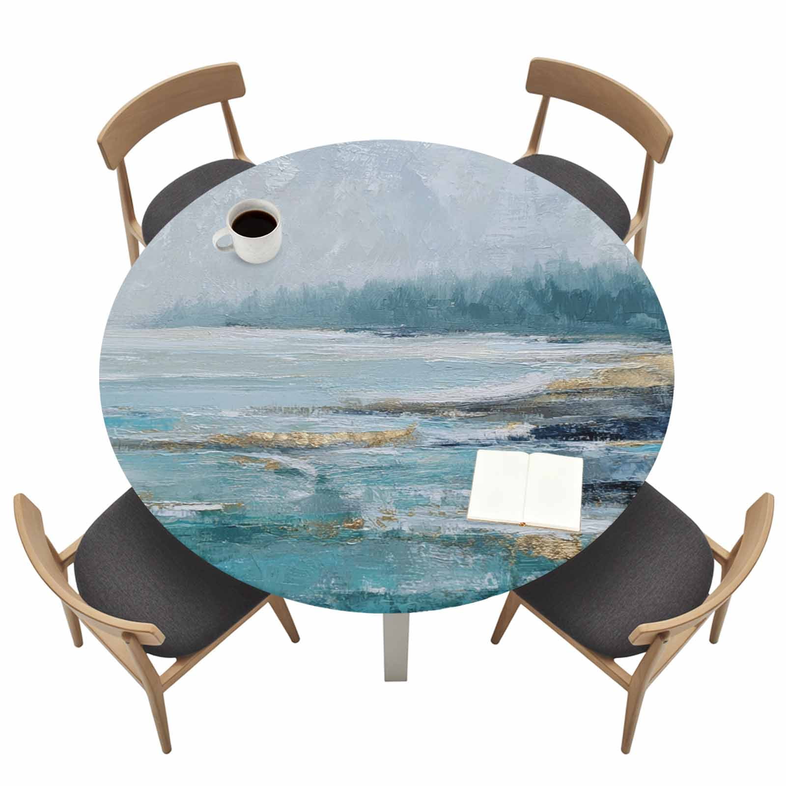 Blue Grey Oil Painting Round Fitted Tablecloth with Elastic Edge Modern ...