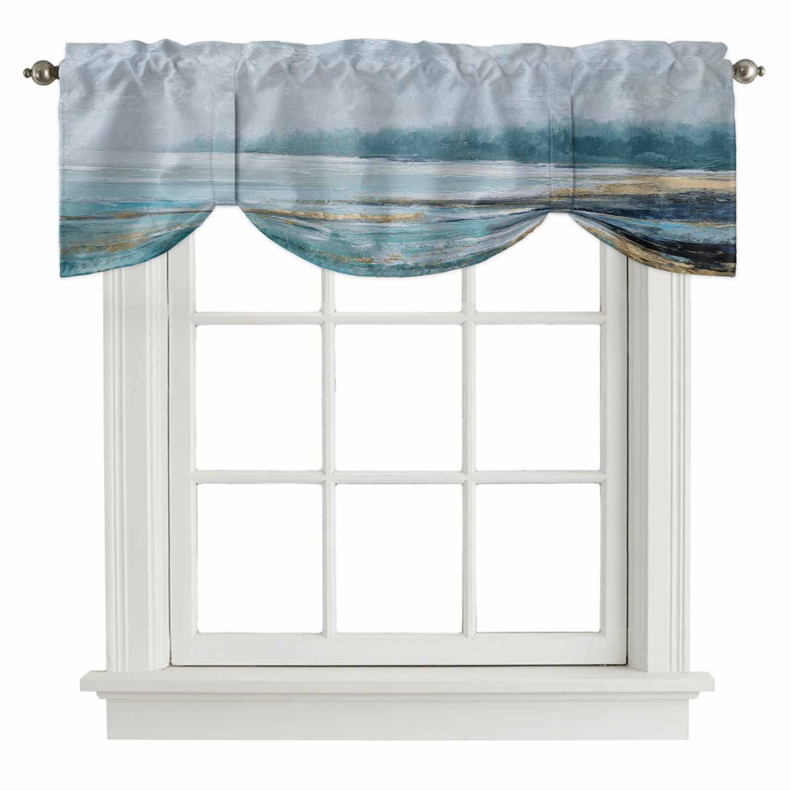 Blue Grey Oil Painting Tie Up Valance Curtains Modern Abstract Beach ...