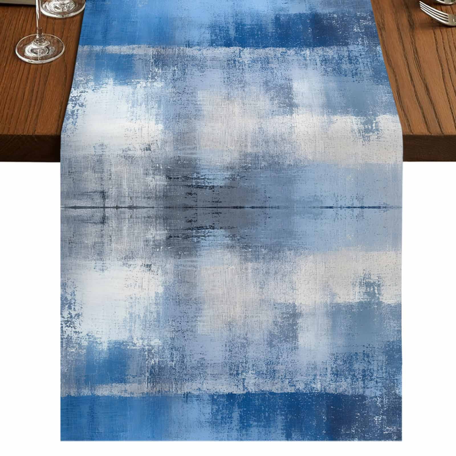 Blue Grey Ombre 108 Inch Table Runner, Abstract Art Oil Painting Modern ...