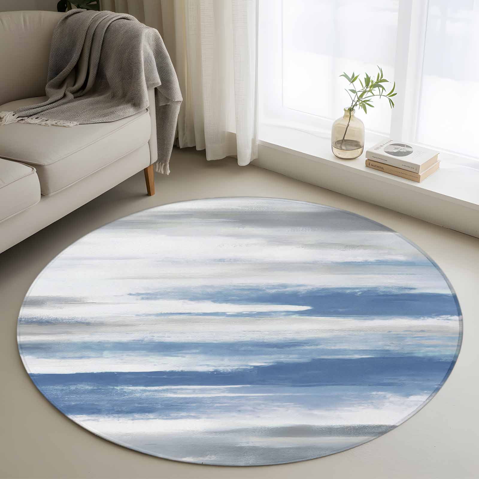 Blue Grey Ombre 4ft Round Rug, Abstract Art Oil Painting Modern Non ...