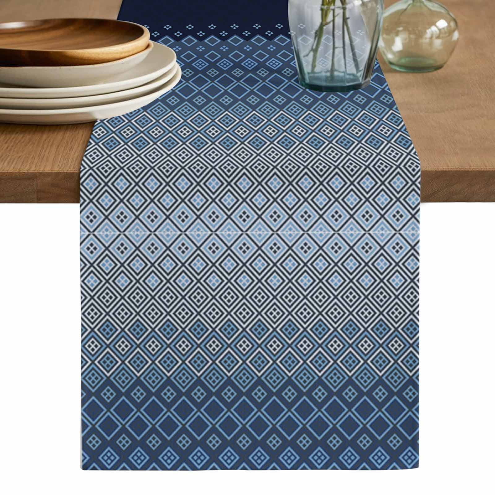 Blue Grey Ombre Geometric Table Runner, Modern Abstract Art Washable ...