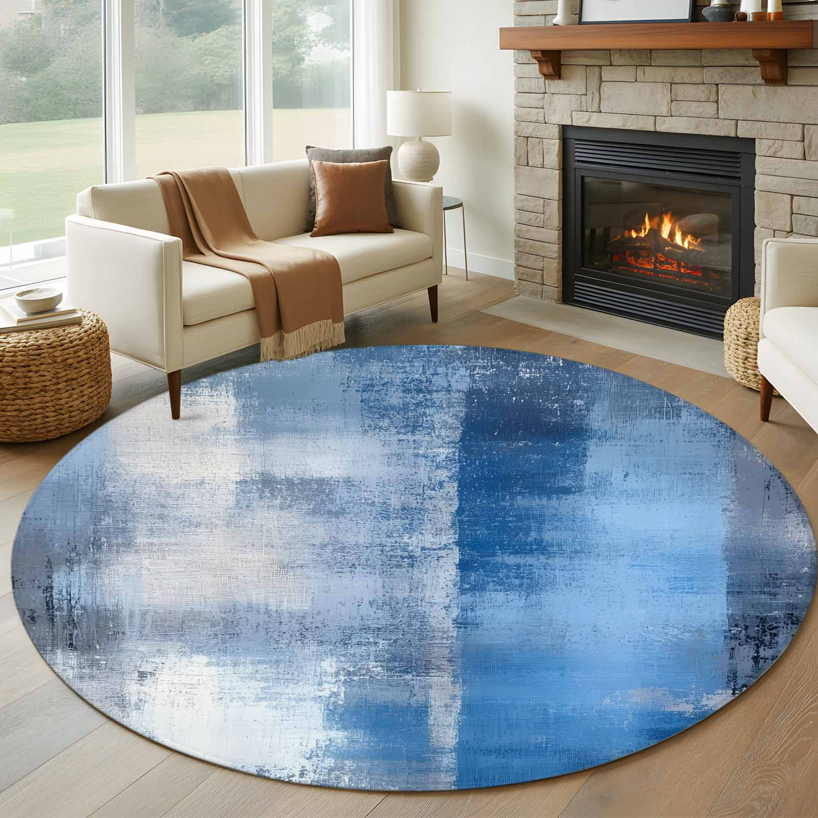 Blue Grey Ombre Round Area Rug 5 FT, Non Slip Bedroom Rugs, Abstract ...