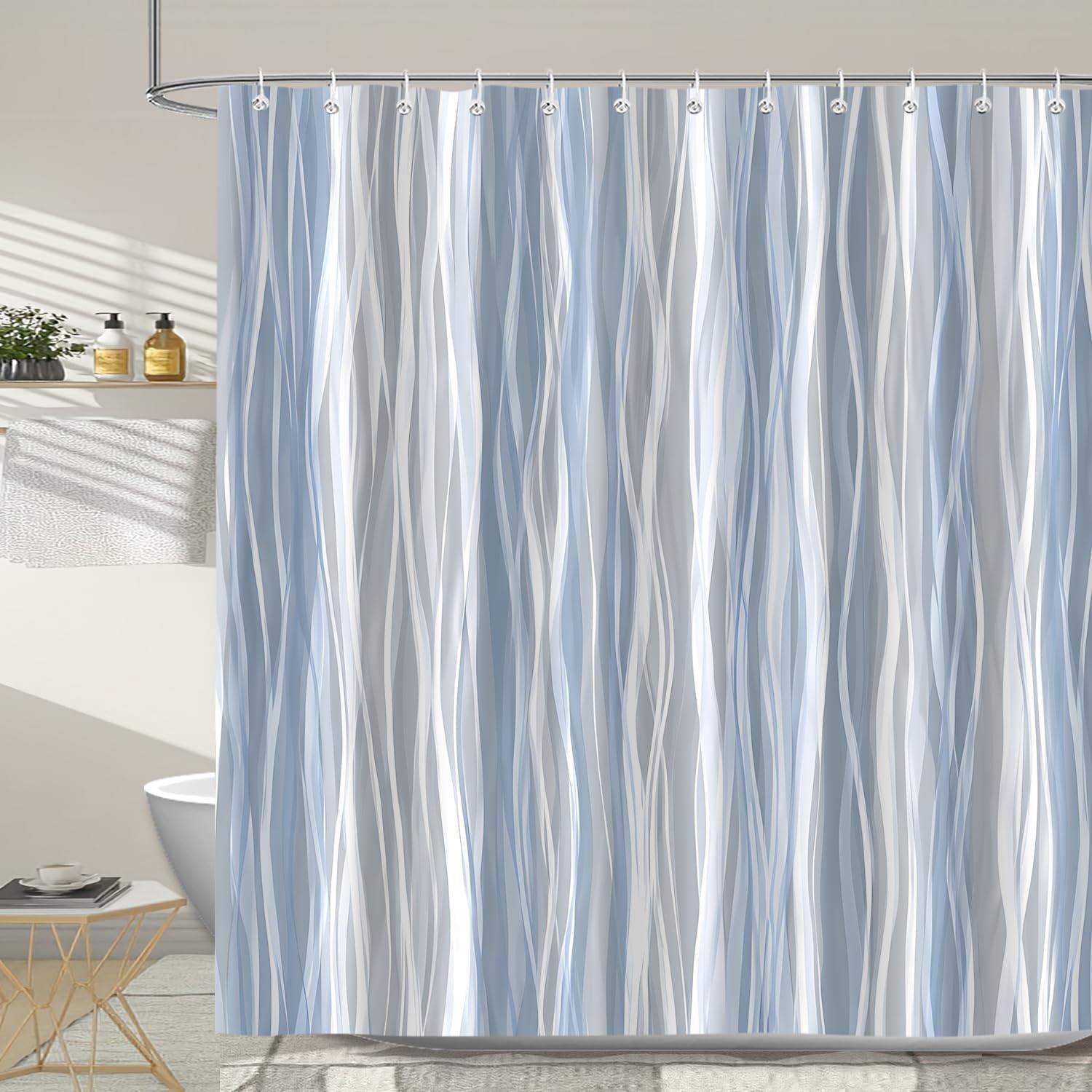 Blue Grey Ombre Shower Curtain, Modern Wavy Abstract Striped Line ...