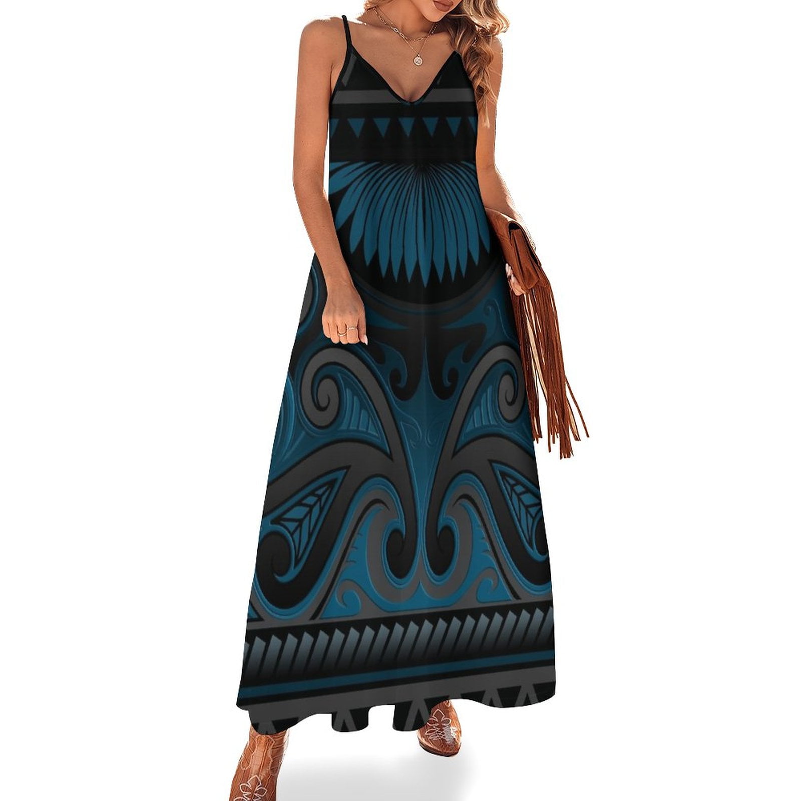 Blue Grey Ornate Maori Design New Zealand Sleeveless Dress dresses for ...