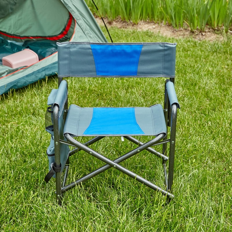 Blue/Grey Padded Folding Outdoor Chair with Storage Pockets ...