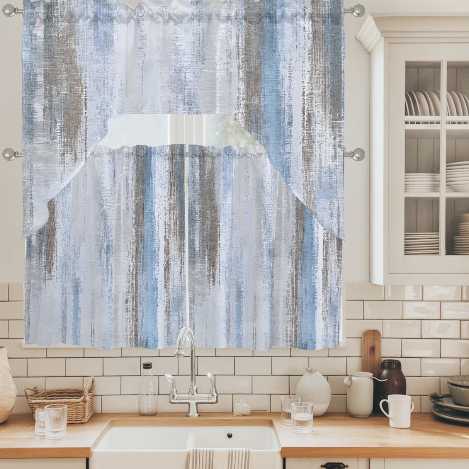 Blue Grey Paint Swag Curtains Valance and Tier Set, Modern Abstract ...