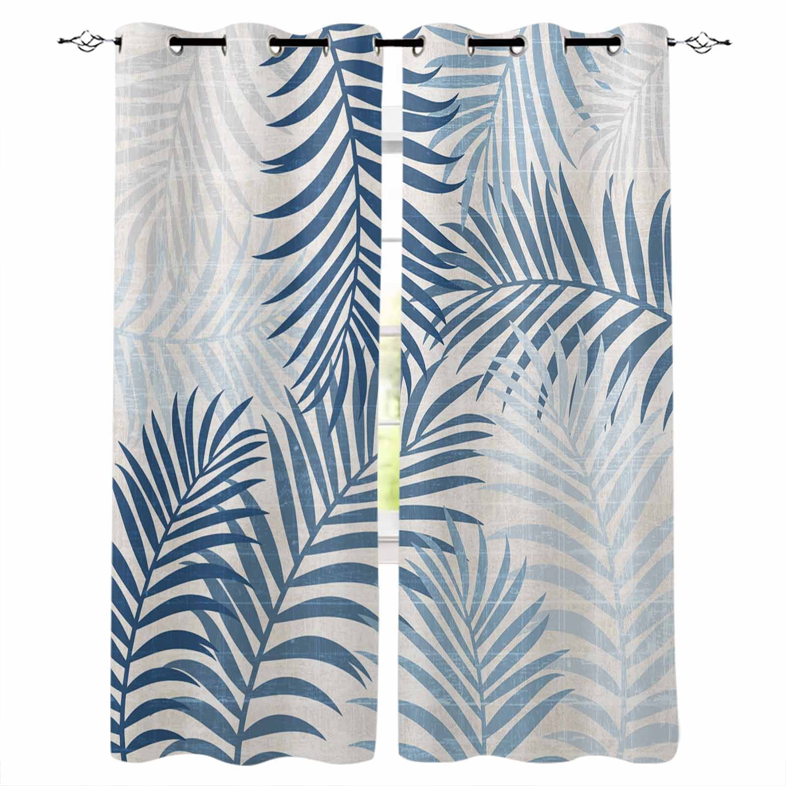 Blue Grey Palm Leaves Blackout Curtains for Bedroom Living Room ...