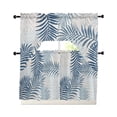 Blue Grey Palm Leaves Kitchen Curtains Set for Windows 3 Piece Cafe ...