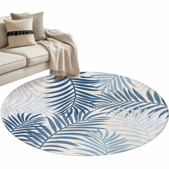 Blue Grey Palm Leaves Round Rug 3ft Washable Circle Entryway Rugs Non ...