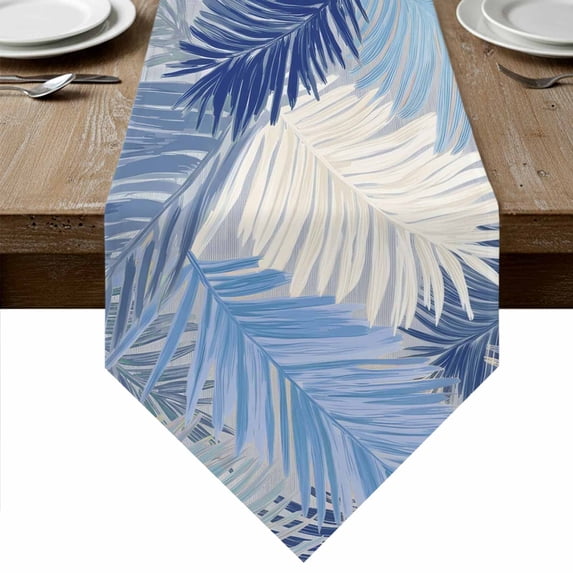 Blue Grey Palm Leaves Table Runner Linen Burlap Table Runner 72 Inches ...