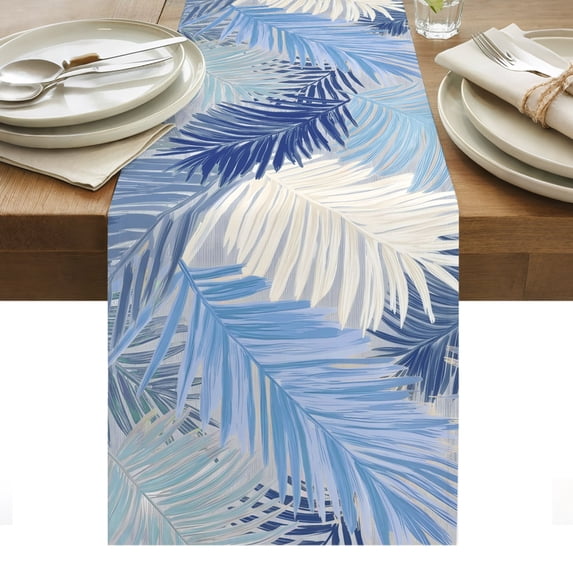 Blue Grey Palm Leaves Table Runner Summer Tropical Plants Botanical ...