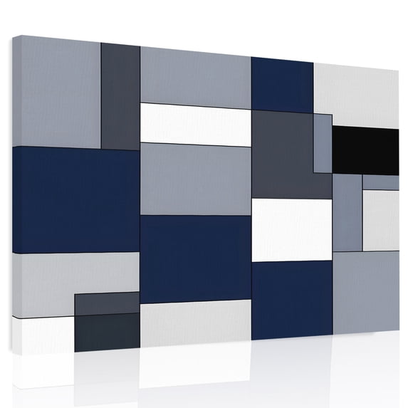 Blue Grey Patchwork Canvas Print Wall Art, Retro Abstract Geometric Art ...