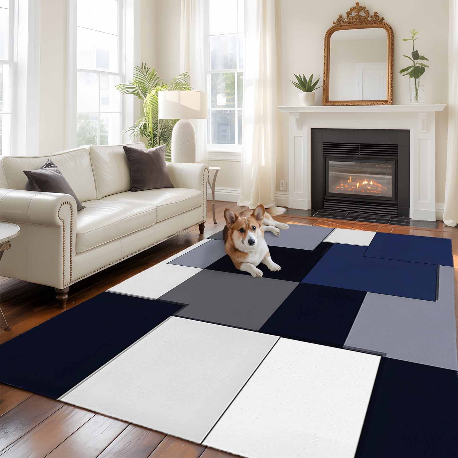 Blue Grey Patchwork Large Area Rugs 5x8 ft Abstract Retro Geometric Art ...