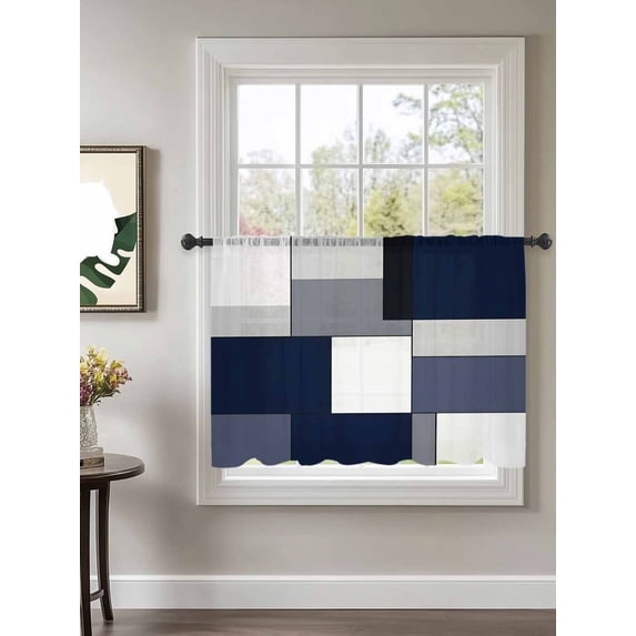 Blue Grey Patchwork Sheer Curtains 45 Inch Long 1 Panel Abstract ...