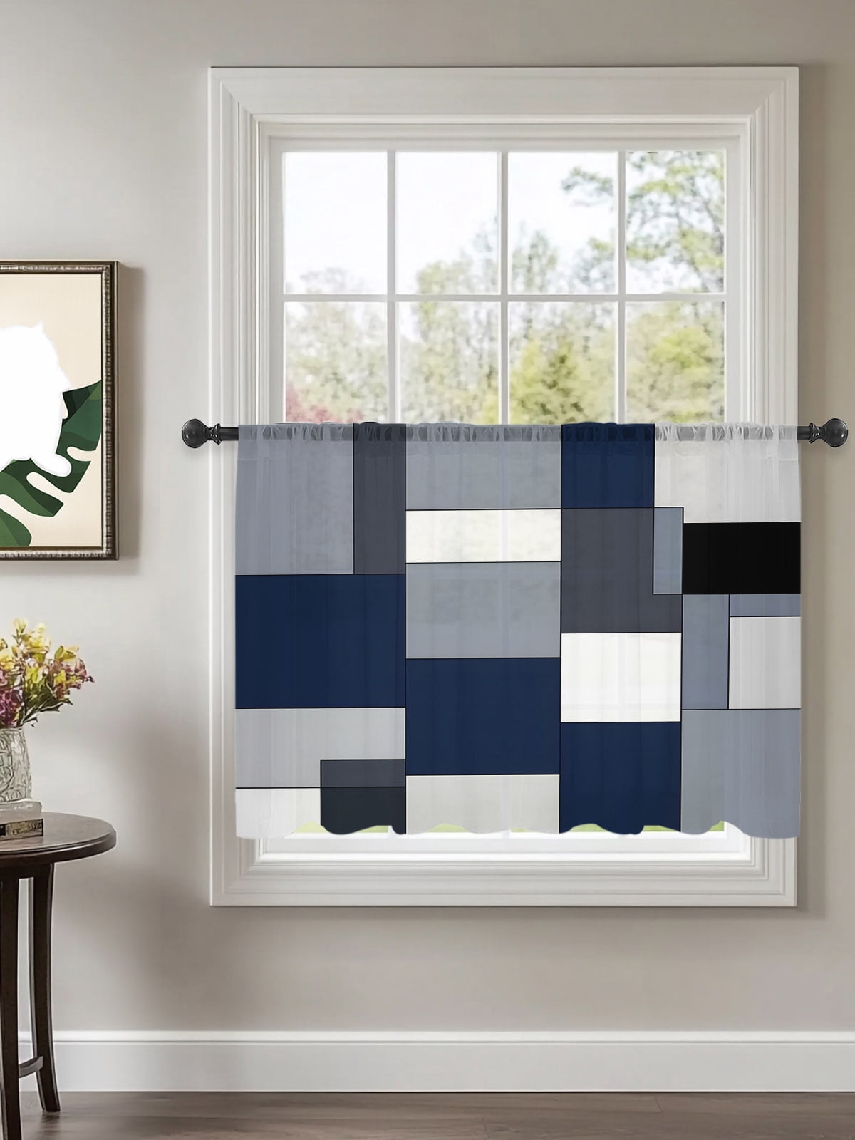 Blue Grey Patchwork Sheer Curtains 45 Inch Long 1 Panel Retro Abstract ...