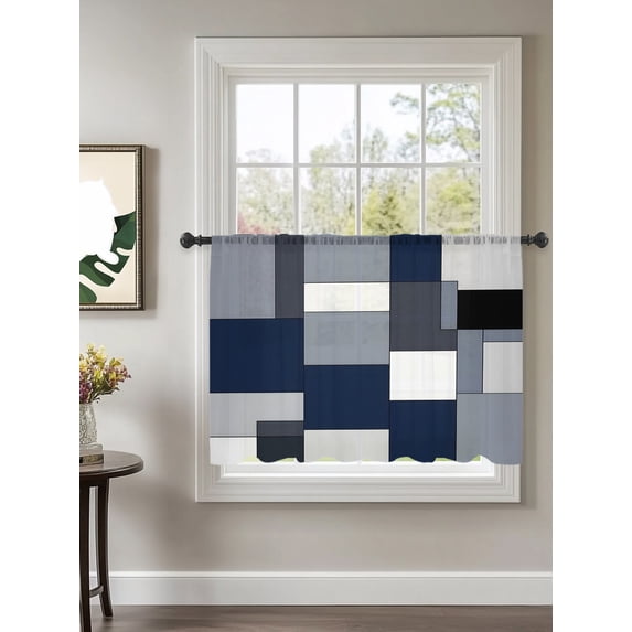 Blue Grey Patchwork Sheer Curtains 45 Inch Long 1 Panel Retro Abstract ...