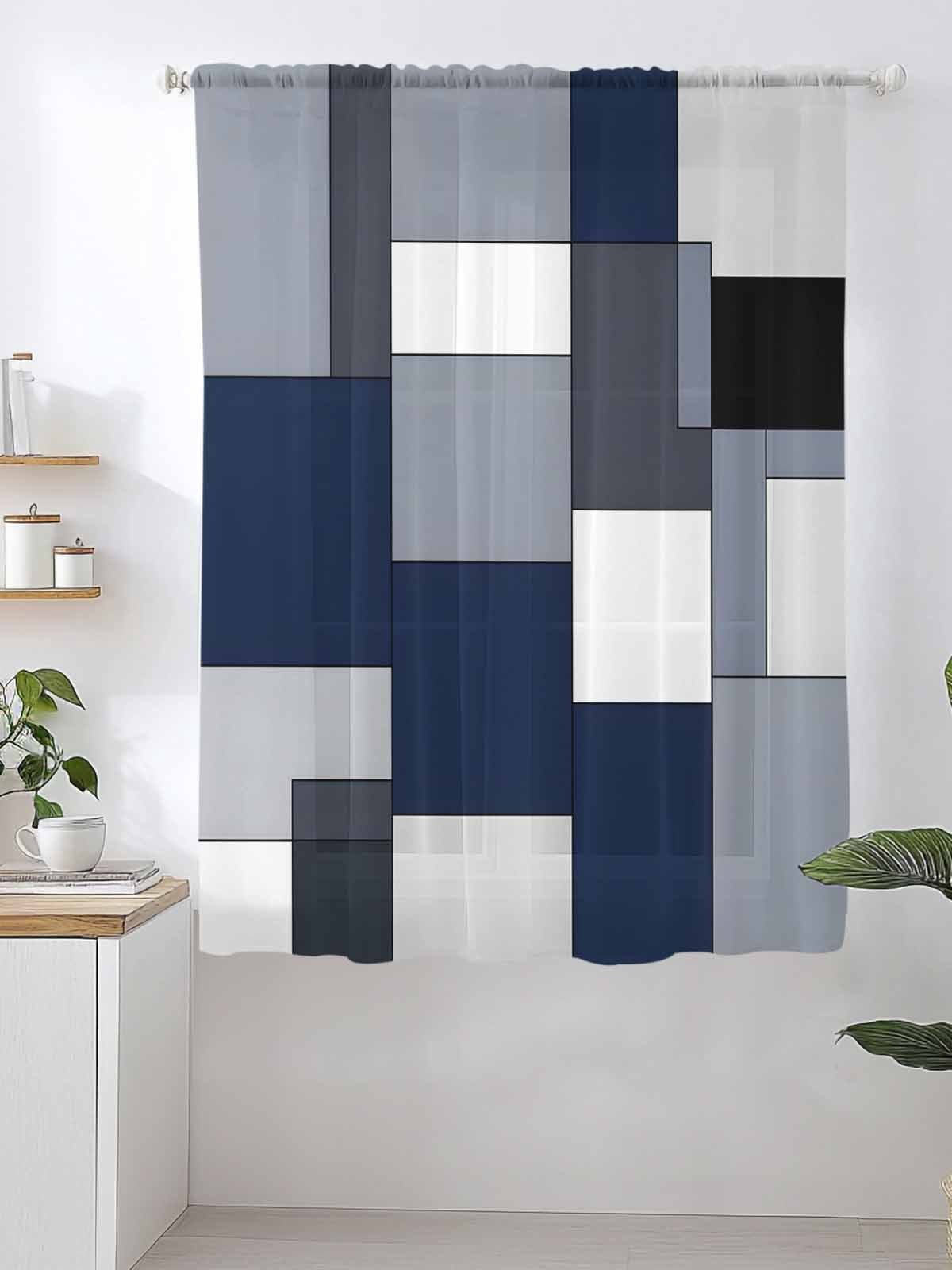 Blue Grey Patchwork Sheer Curtains 72 Inch Long 1 Panel Retro Abstract ...