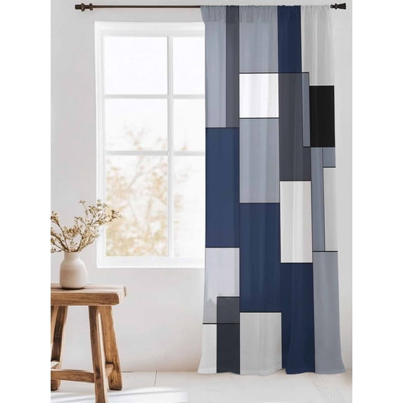 Blue Grey Patchwork Sheer Curtains 84 Inch Long 1 Panel Retro Abstract ...